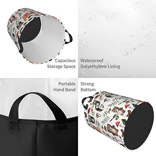 Woodland Animals Watercolor Bear Deer Squirrel Owl Mushroom Laundry Hamper With Handle Foldable Durable Laundry Basket Storage Bin Dirty Clothes Organizer Bag For Bedroom Bathroom Nursery