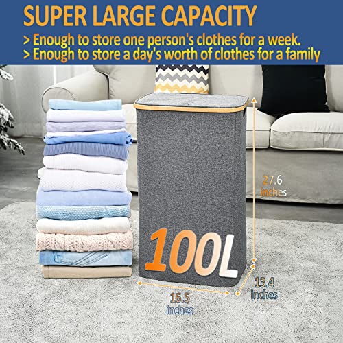 Edergoo Laundry Basket with Lid 100L, Laundry Hamper with Premium Bamboo Handle, Dirty Clothes Hampers for Laundry, 27.6" Tall Bathroom Laundry Basket Freestanding with Removable Bag, Grey