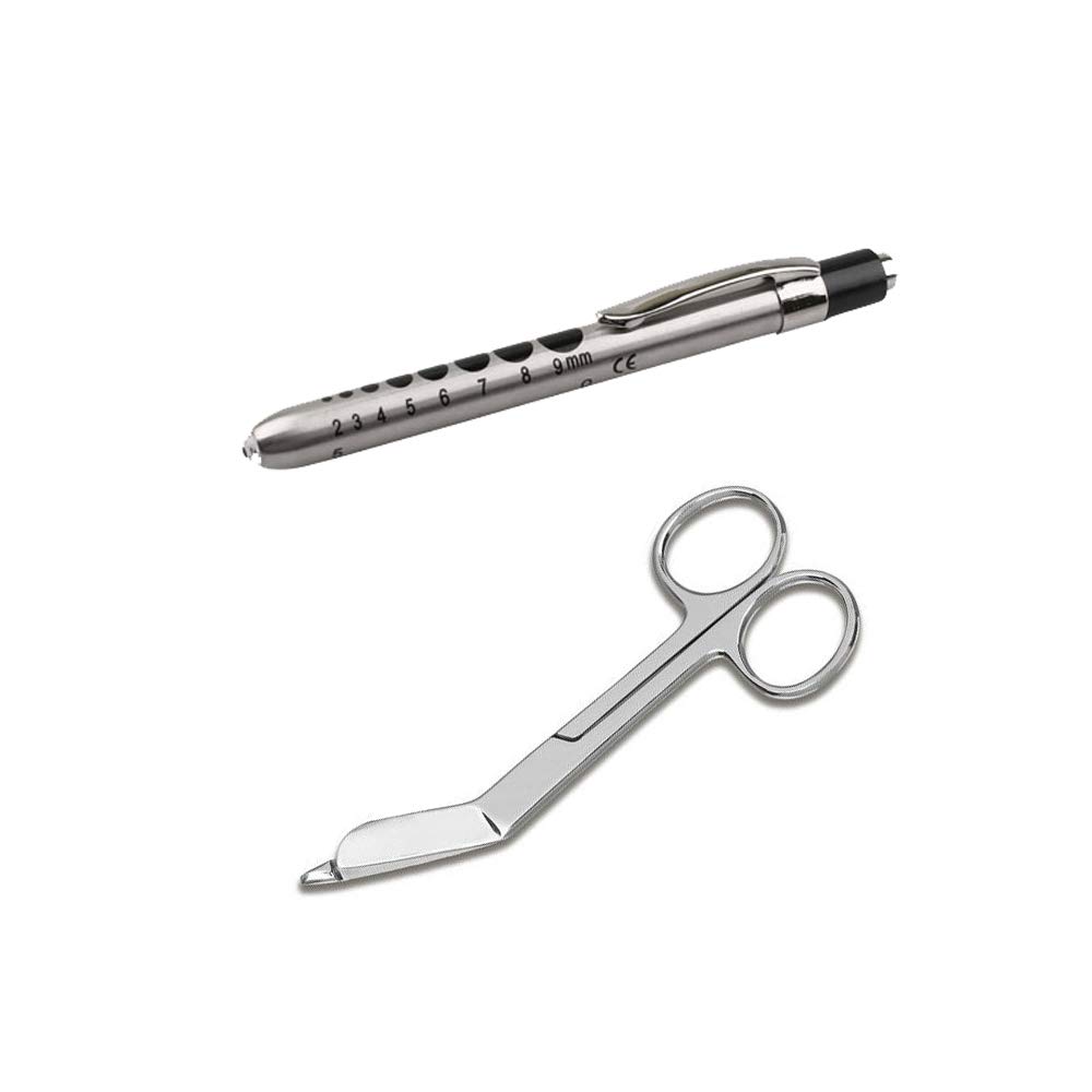 EMI Stainless Steel 5.5" Lister Bandage Scissors and Diagnostic Penlight 2 Piece Set - EPL-935-Lister - Pen Light for Nurses, Medical Professionals, Doctors, and EMTs.