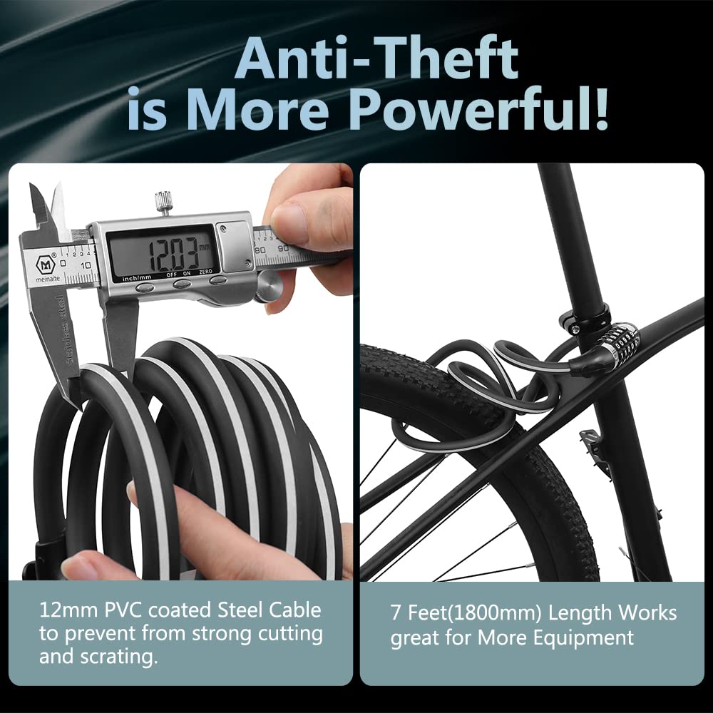 Bike Lock Cable 7feet, 5 Digit Resettable Combination Bicycle Lock with 12mm Flexible Self Coiling Braided Steel Cable,Keyless Convenience with Frame Mount Bracket
