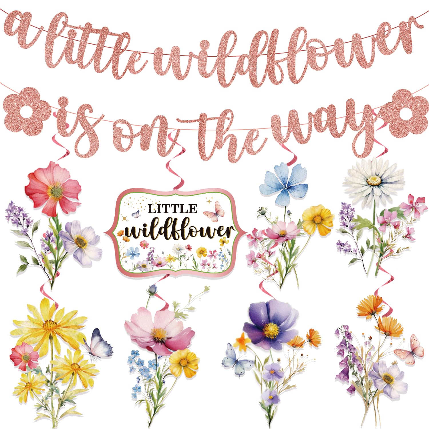 Cocomigo Wildflower Baby Shower Decorations Banner Hanging Swirls, 17pcs Floral Baby Shower Decorations for A Little Wildflower is on Her Way Baby Shower, Flower Baby Shower Decorations Rose Gold