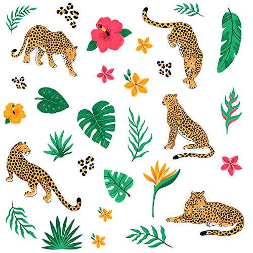 WOYINIS Leopard Cheetah Jaguar Wall Decal Stickers DIY Palm Leaves Plants Flowers Wall Decals Removable Peel & Stick Tropical Wall Decals for Living Room Bedroom Playroom Classroom Nursery Wall Decor