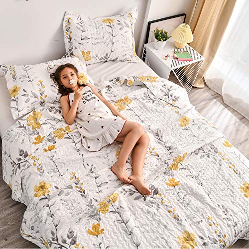 Quilt Set Queen Floral Bedspread Coverlet Queen Floral Quilts Bedding Spring Summer Lightweight Quilts Bedspread Reversible Bedding Grey Leaf Yellow Floral Quilt Collection Bedspread with Pillow Shams
