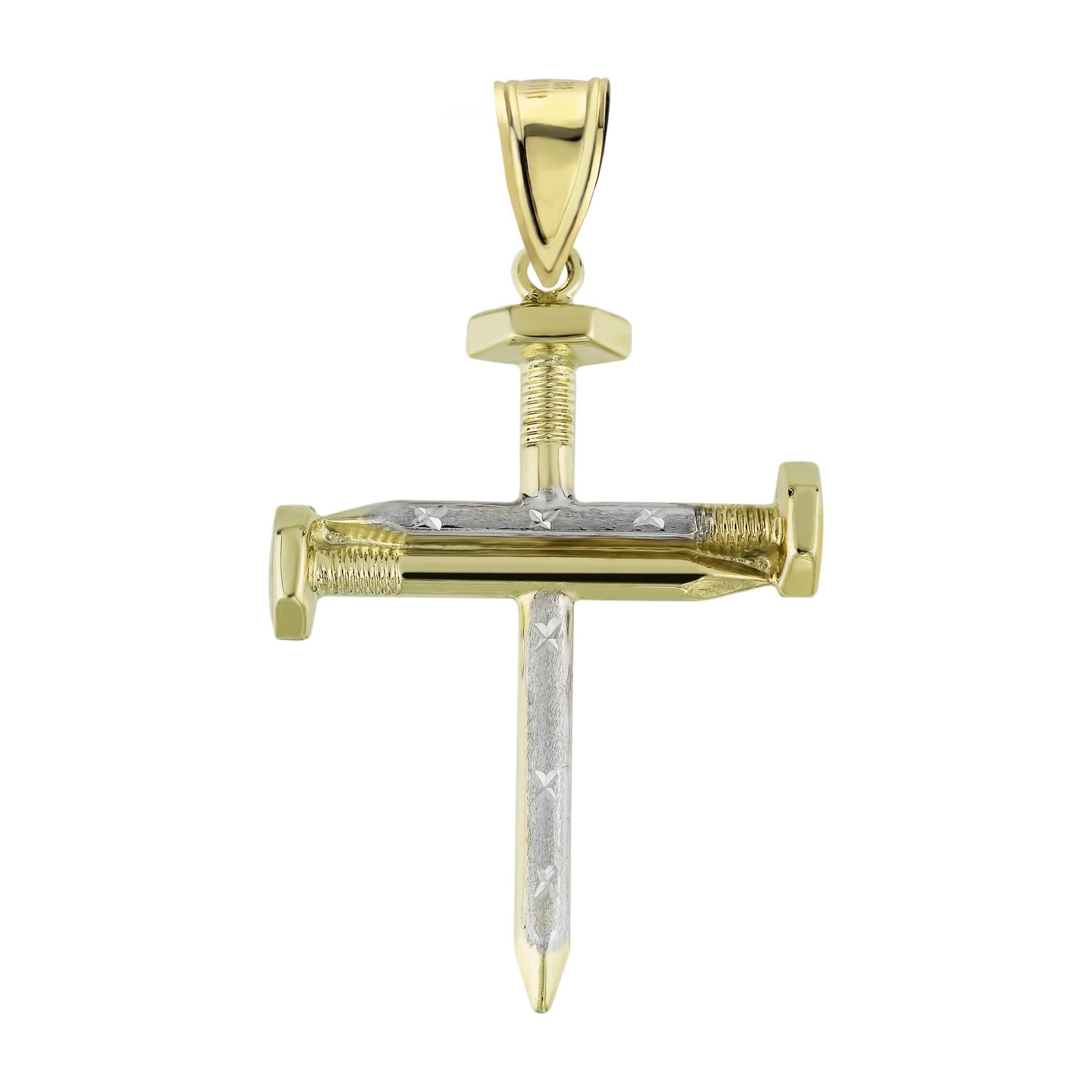 BAYAM 2" Screw Nail Cross Charm Pendant Diamond Cut Real 10K Yellow White Gold