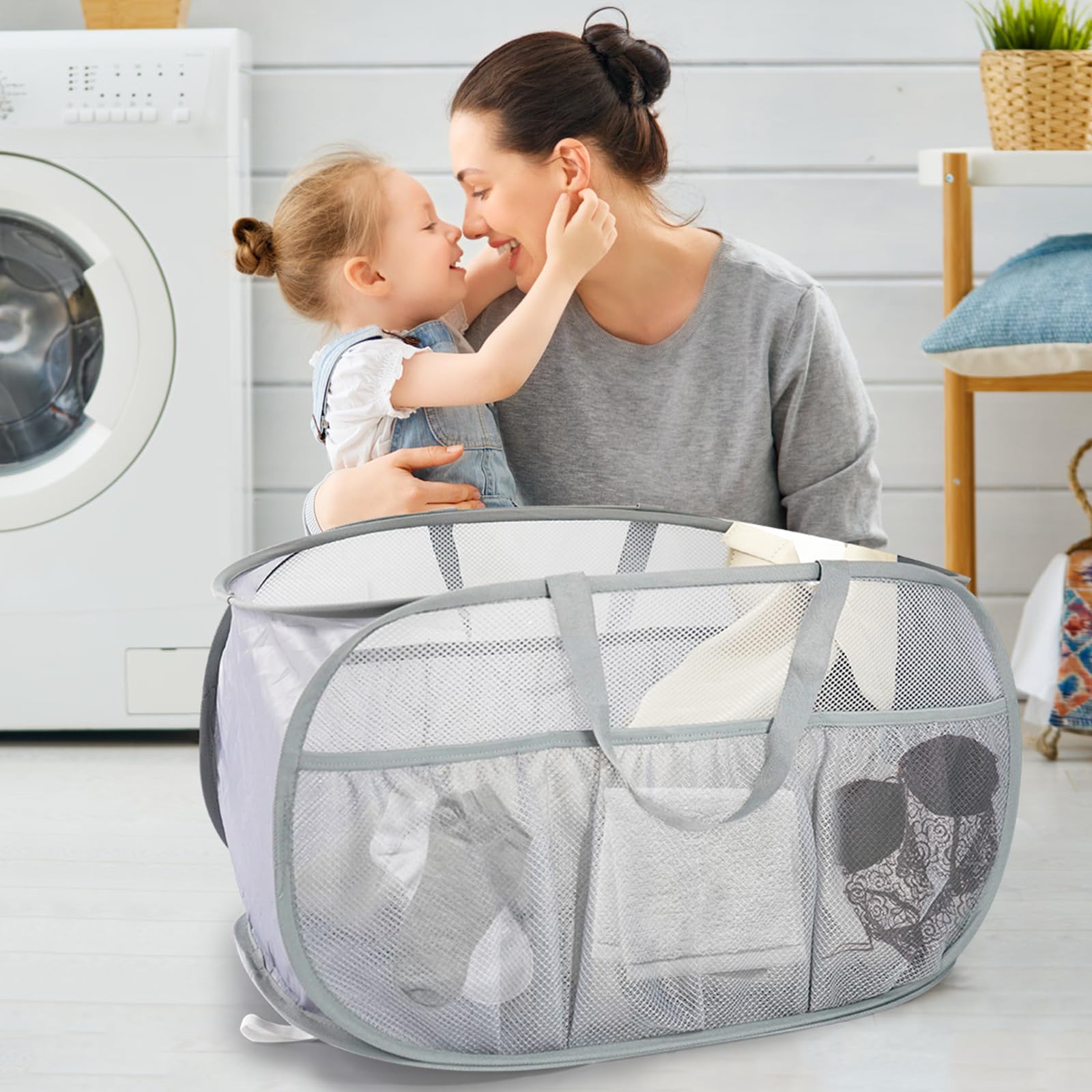 Collapsible Laundry Baskets, Upgrade Pop Up Laundry Hamper with Convenient Bags, Foldable Laundry Basket Mesh Light Weight, Easy to Carry Clothes Hampers for Laundry, Dorm, Toys, Travel Grey