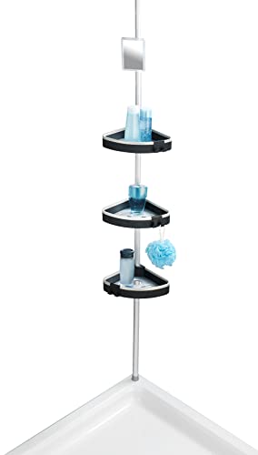 WENKO Tension Corner Shower Caddy 3 Pole and Baskets für Shampoo, Conditioner, Soap with Hooks for Razors, Towels, Blue