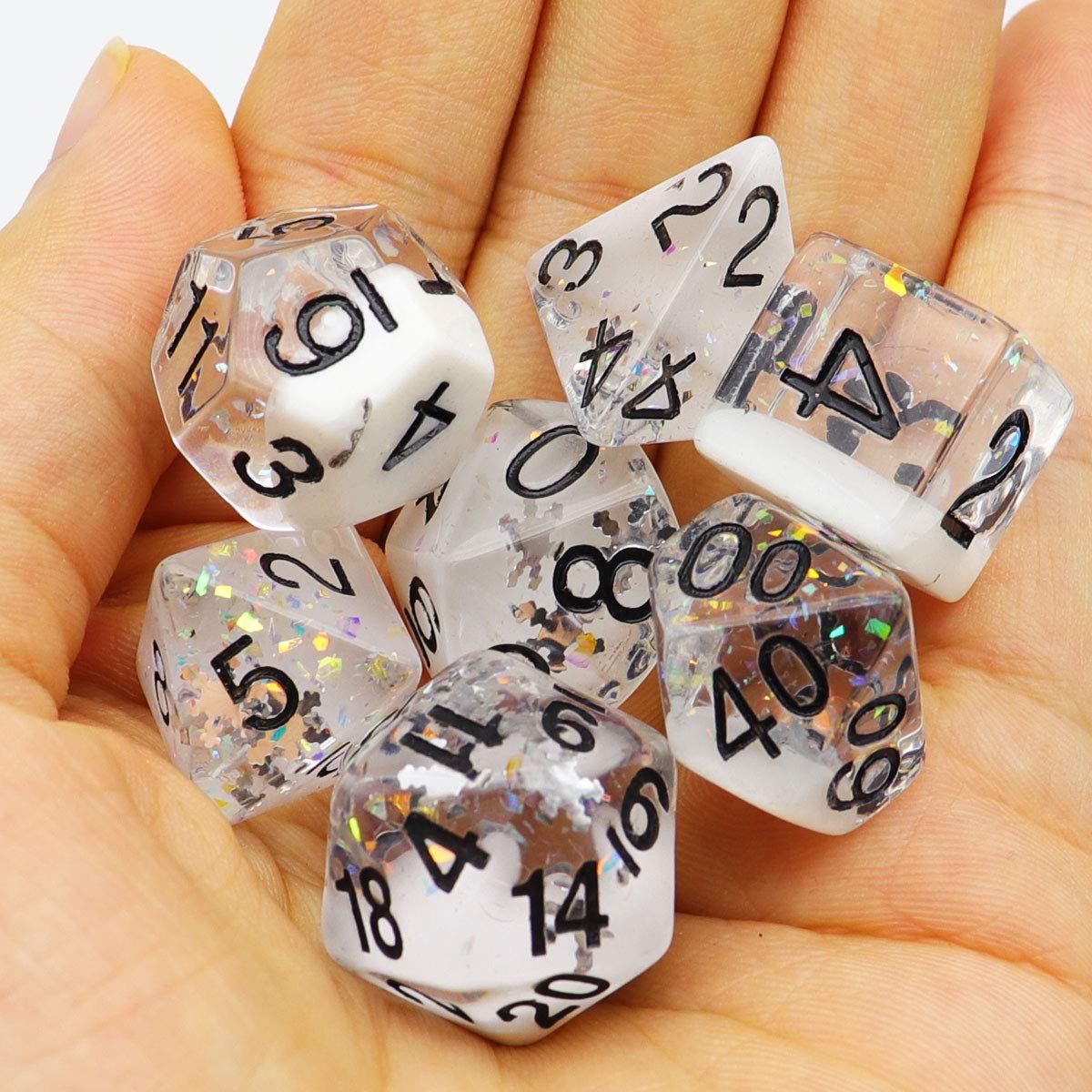 Haxtec DND Dice Set 7PCS White Layered Polyhedral D&D Dice for RPG Dungeons and Dragons (Sunlit Snow)
