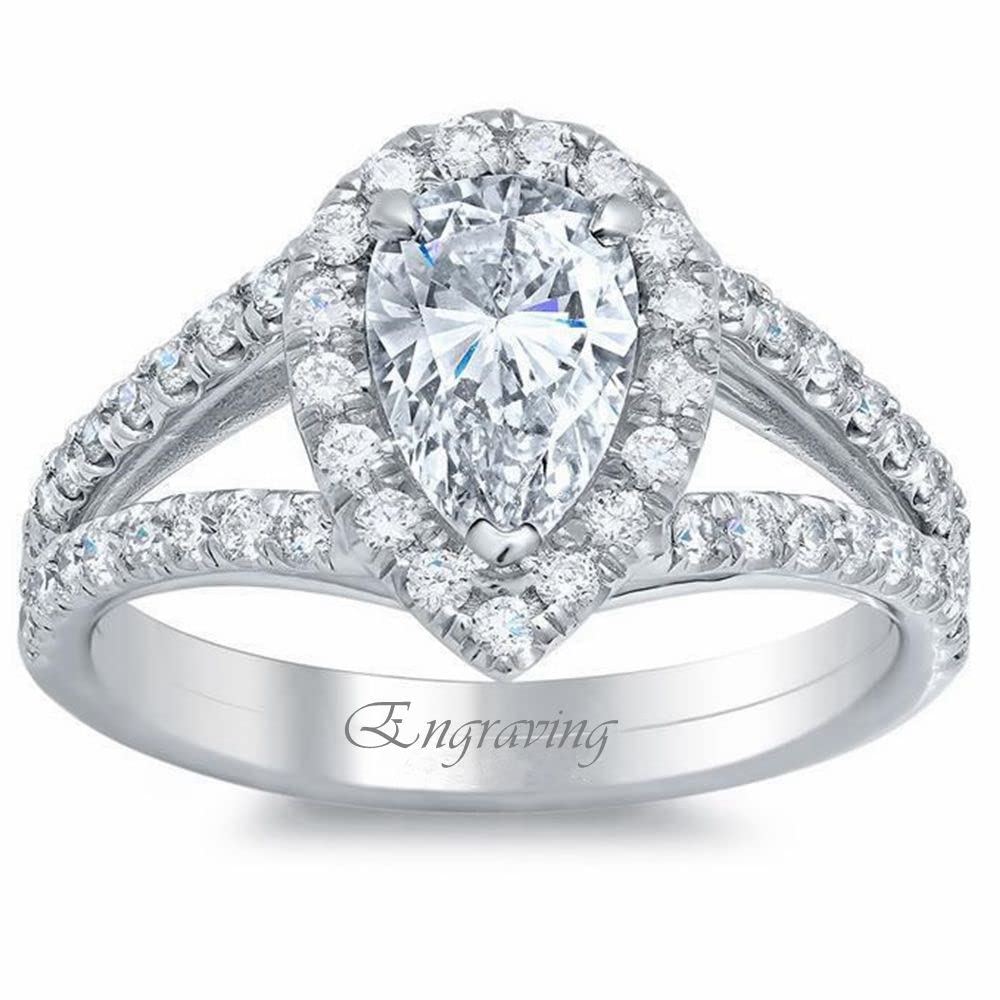 Blocaci Pear Shaped Engagement Rings for Women Platinum Plated Silver 1 Carat Center Moissanite Teardrop Women's Engagement Rings Wessing Anniversary Rings with Text Engraving(size 7