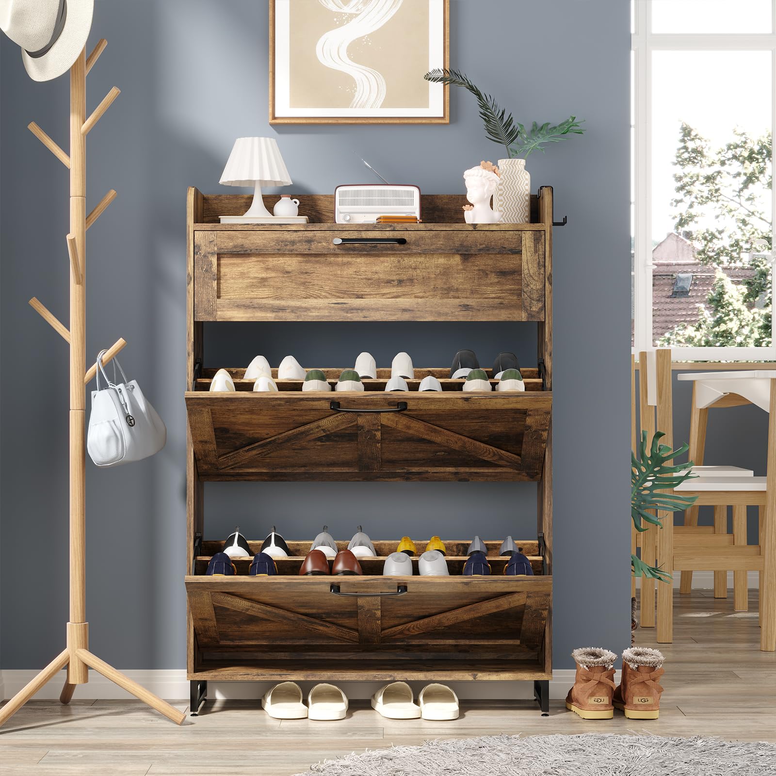 CollaredEagle Shoe Cabinet, Shoe Storage Cabinet for Entryway, Free Standing Shoe Storage Organizer with Rattan Doors for Heels, Boots, Rustic Brown