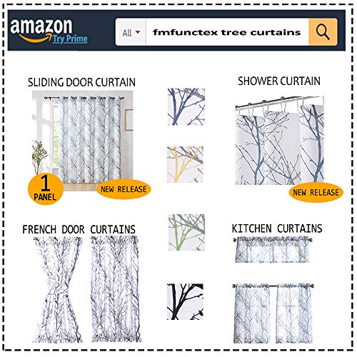 FMFUNCTEX Print Blue White Semi-Sheer Curtain Panels for Bedroom 63β Grey Tree Branch Printing on Linen Textured Window Treatment Set for Living Room Draperies 50βw 2-Pack