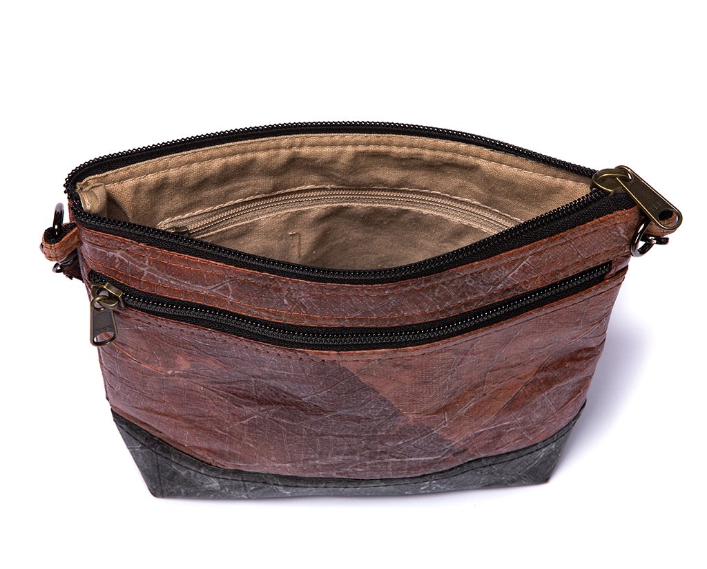 Leaf Leather Shoulder Bag Womens Crossbody Purse, Adjustable - Ethical Fashion Handmade with Tree Leaves - Brown with Black Accent
