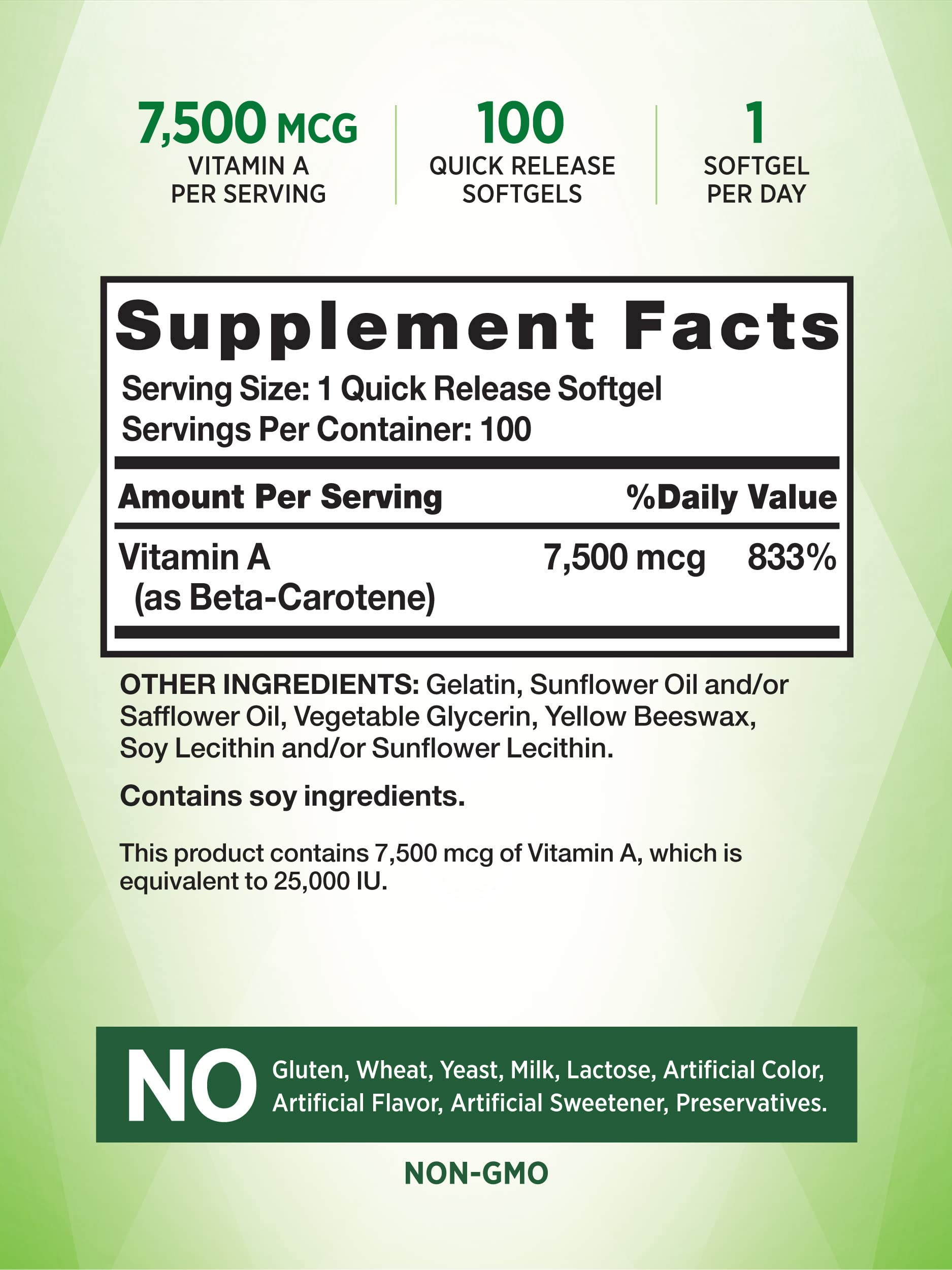 Beta Carotene 25000 IU Softgels | 100 Count | Vitamin A Supplement | Non-GMO and Gluten Free Supplement | by Nature's Truth
