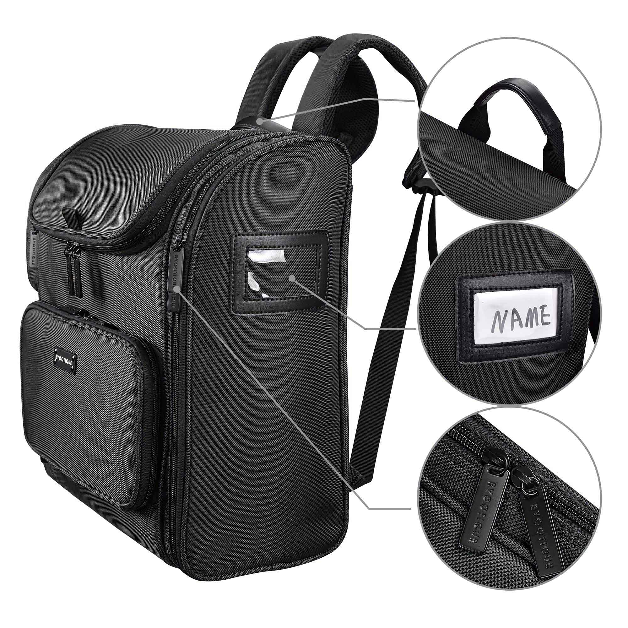 BYOOTIQUE Makeup Backpack Soft Sided Makeup Train Case Barber Cosmetic Bag Double Layer Organize Carry on Travel with Heat Isolation Side Pocket Removable Bag for Makeup Artist Hairstylist, Black
