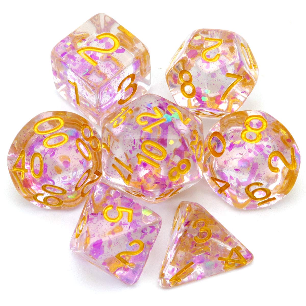 Haxtec DND Dice Set Purple 7PCS Polyhedral D&D Dice RPG Dungeons and Dragons-Purple Green Shift Glitter Flakes-Fantasy Dream