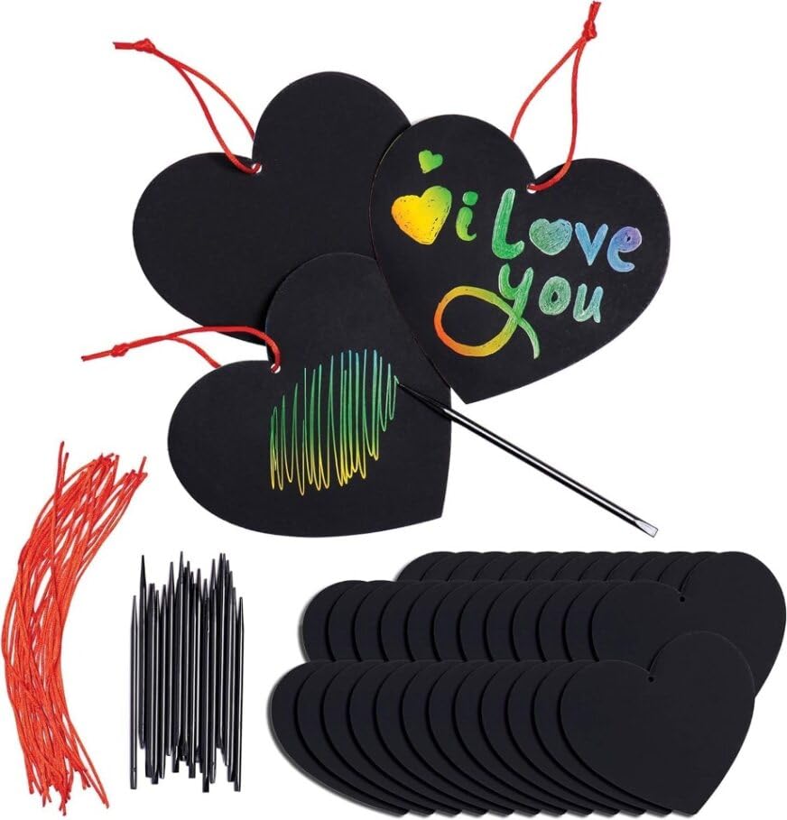 Neliblu Valentine's Day Decoration Scratch Art Paper Crafts Kit Bulk Pack of Scratch Hearts with Magic Rainbow Colors - Rainbow Scratch Art for Kids with 24 Heart Cards, 24 Scratch Sticks, 24 Ribbons