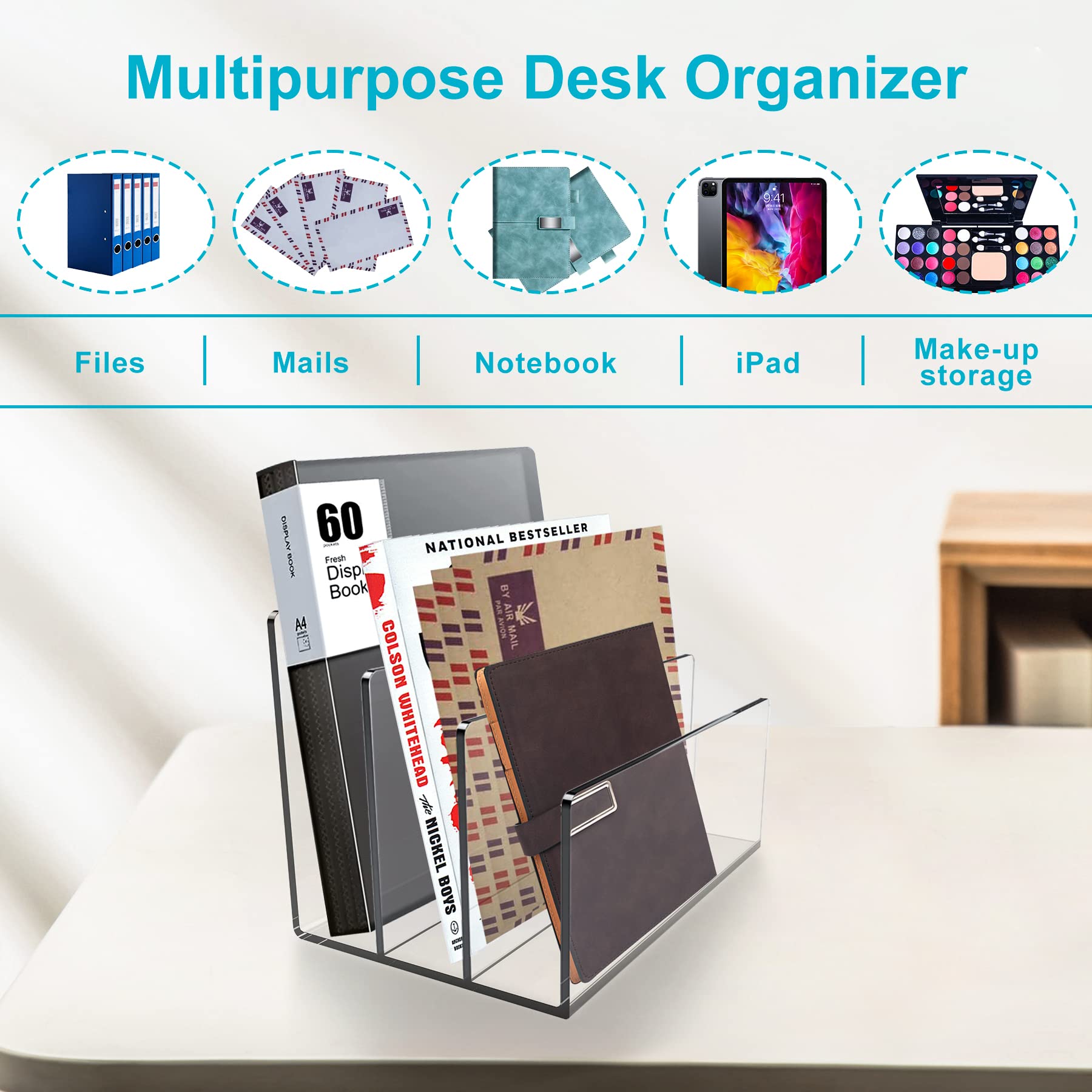 Boloyo Acrylic 3 Sections File Holder,Clear File Organizer Letter Sorter Holder for Desk,Fit for Office File Organizer Wallet & Purse Display Stand (Clear 3 Sections 1PC)