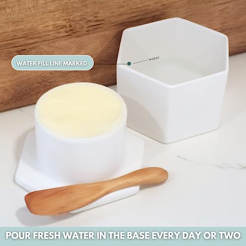French Butter Crock w/Lid & Wood Spreading Knife - White Modern Butter Keeper for Counter - Modern Hexagon Shape Butter Dish - Stoneware Butter Crock - Dishwasher Safe Butter Storage