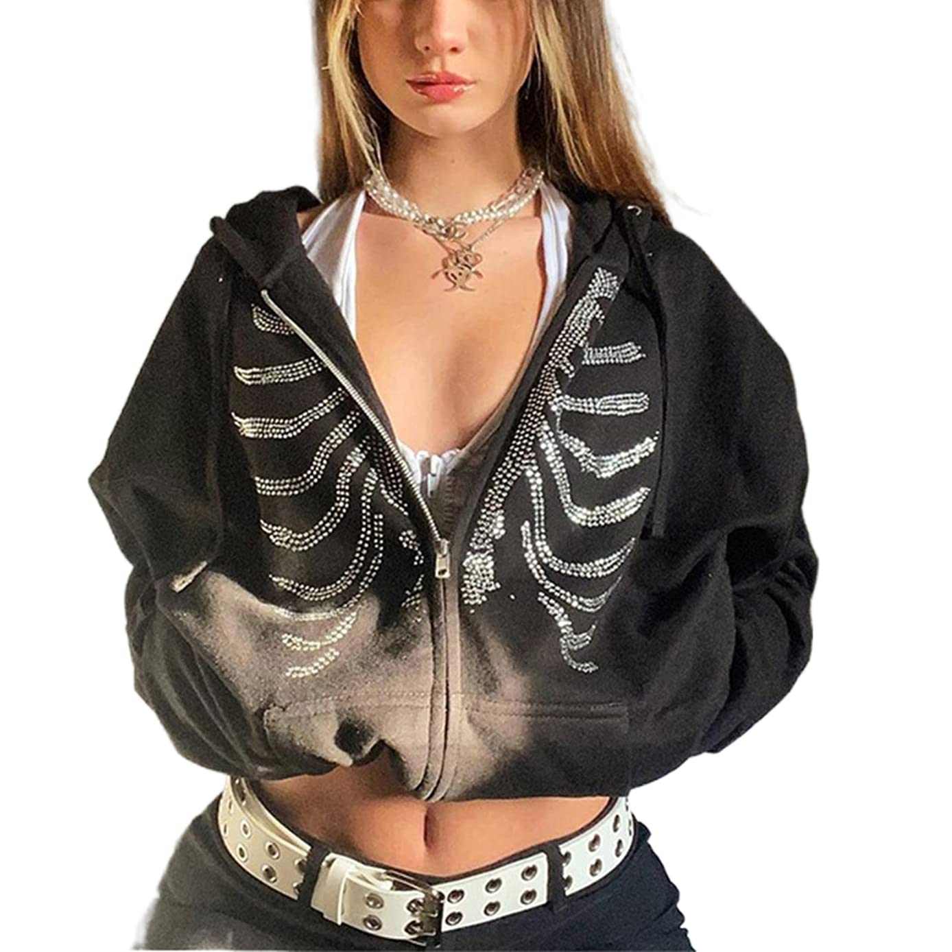 BSUNSOMEM Halloween Skeleton Print Oversized Zip Up Hoodie Sweatshirt for Women Teen Girls Y2k Gothic Harajuku Pullover(Black 4,Small)