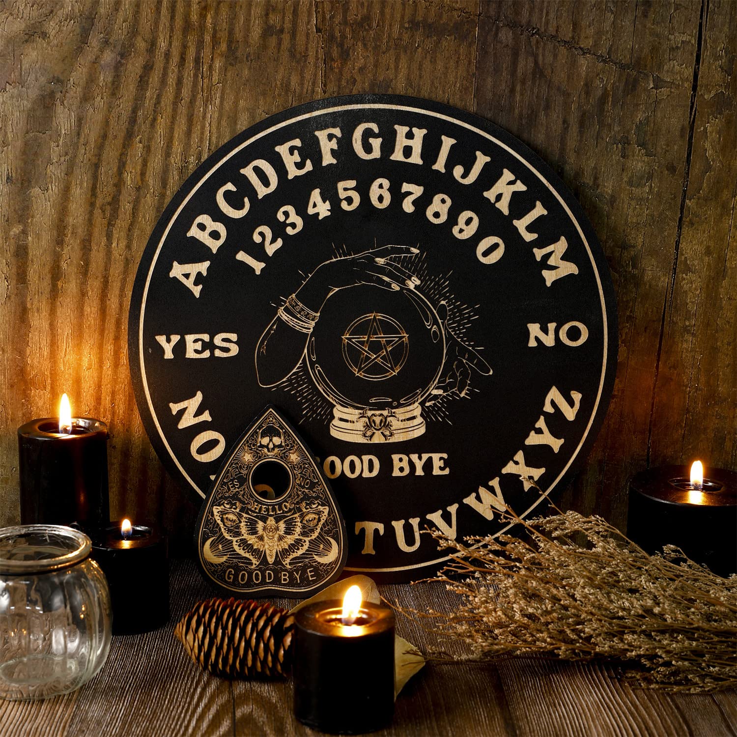 Keithwood 11.5’’ Black Spirit Board with Planchette Handmade Black Talking Board Game Spirit Board for Spirit Hunt, Witch Craft, Occult Practice - Magic Crystal Ball Pentagram Star in Hands