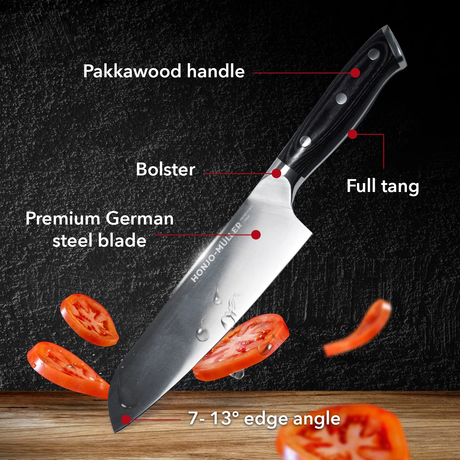 Honjo Muller Santoku Knife 7 Inch - Sharp Japanese-Style Kitchen Chef Knife | Full Tang Stainless Steel Cooking Knives | Cutting, Chopping, Slicing