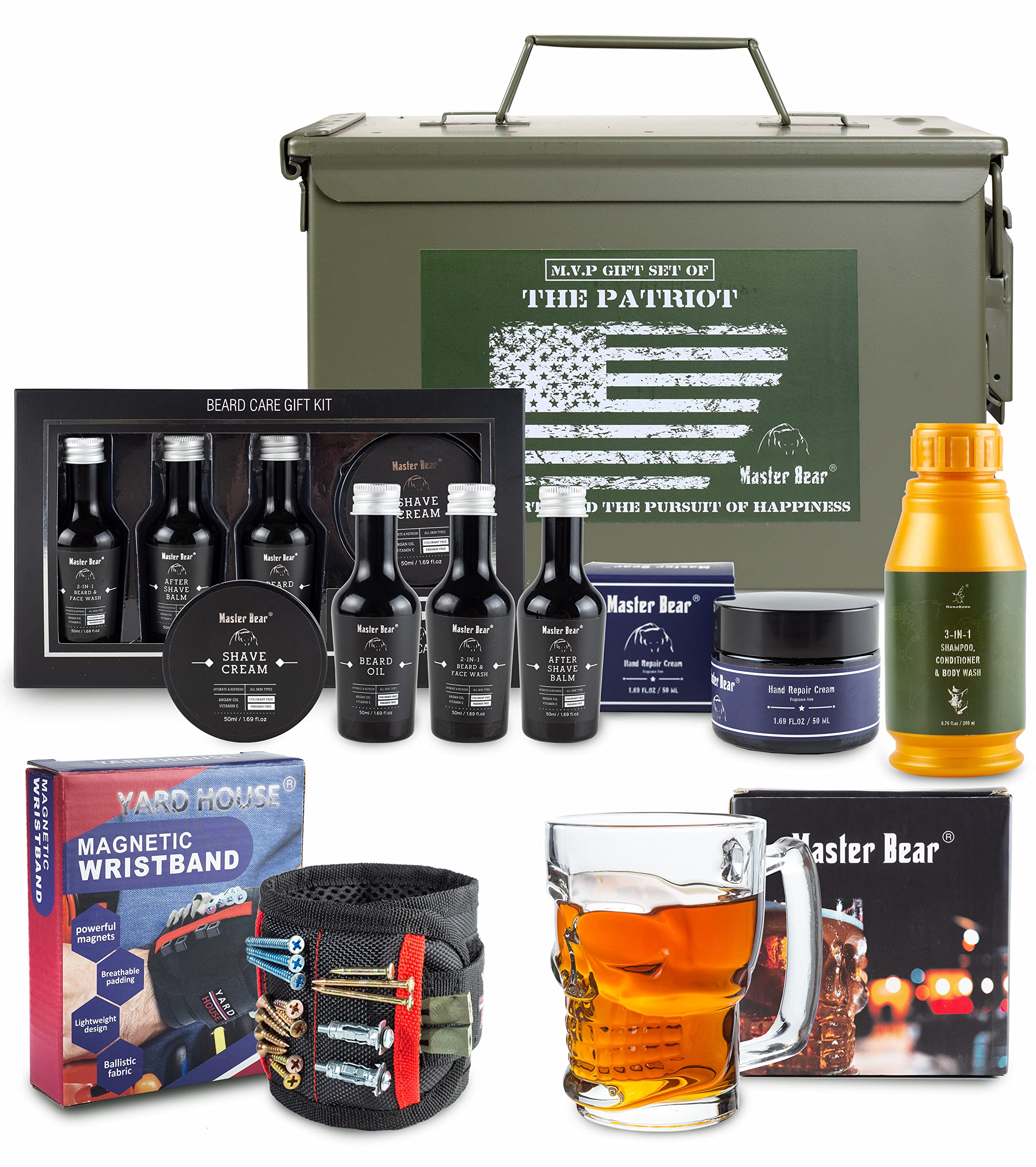 Gift for Men | 50 Cal Metal Ammo Cans Gift Box Shaving Grooming Set Collection for Him | Fathers Day Holiday Christmas Gift Ideas with Glass Skull Beer Mug, Magnetic Wristband, Hand Cream, Body Wash