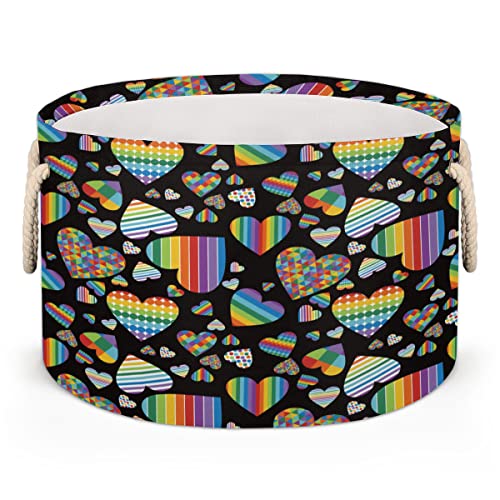 Rainbow Hearts Lgbt Pridge Large Round Baskets for Storage Laundry Baskets with Handles Blanket Storage Basket for Bathroom Shelves Bins for Organizing Nursery Hamper Girl Boy