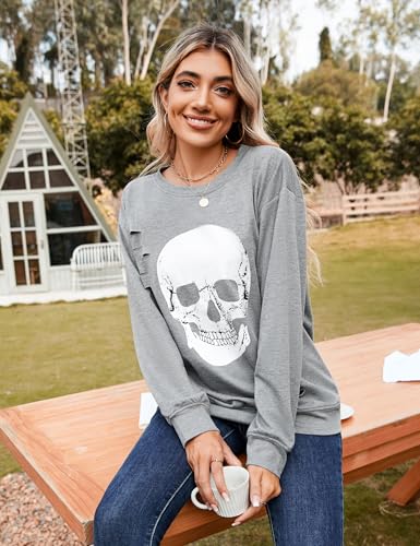 Blooming Jelly Women's Halloween Sweatshirts Skull Graphic T Shirts Long Sleeve Pullover Gothic Fall Trendy Outfits 2024 (Large, Grey)