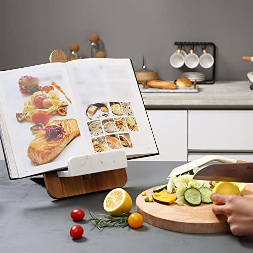 EVERBBKING Cookbook Stand,Acacia Wood Cutting Board Style Cookbook Holder for Kitchen Counter Adjustable iPad Tablet Recipe Book Stand with Marble Base