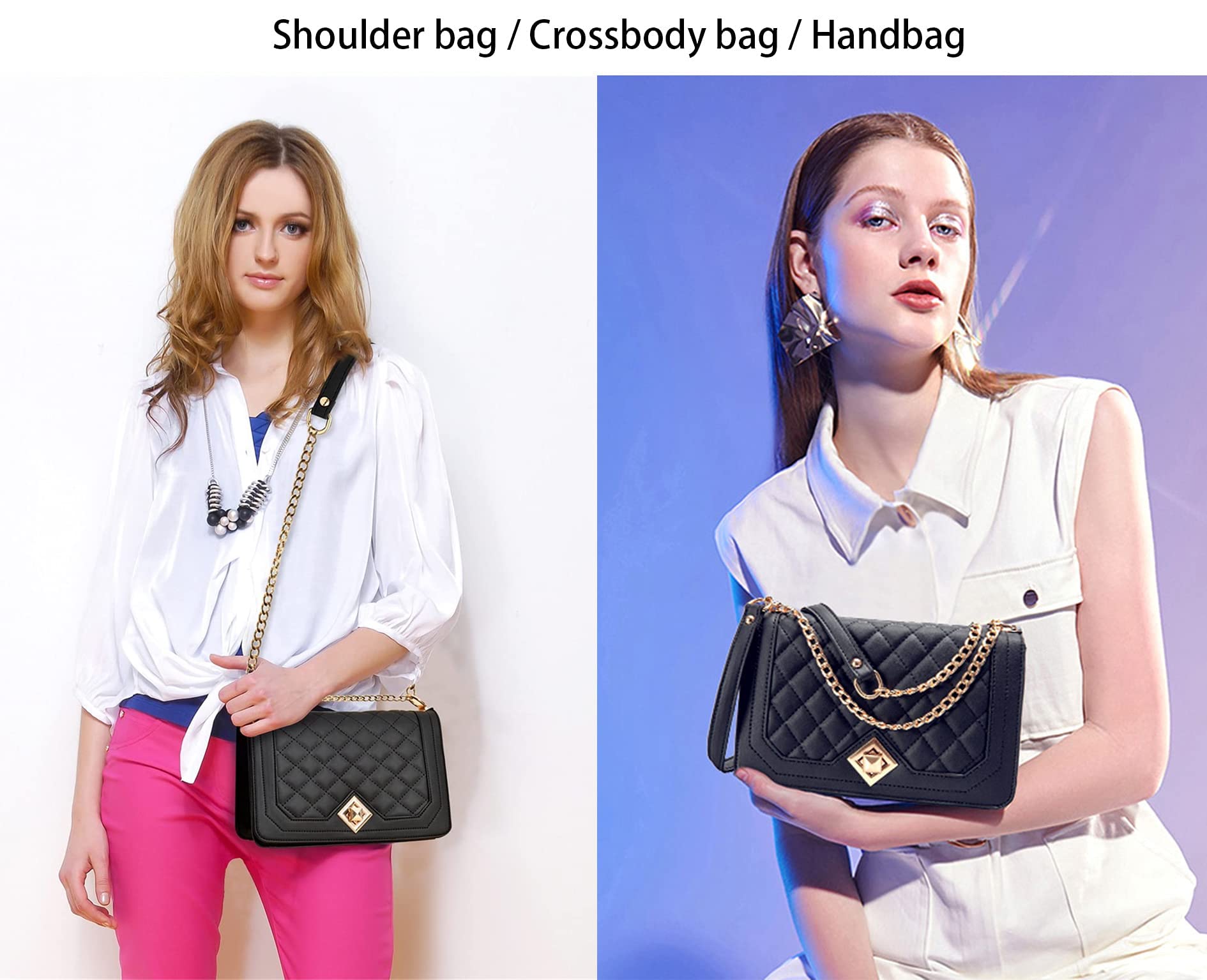 Women Black Quilted Purse Lattice Stylish Clutch Small Crossbody Shoulder Bag with Chain Strap