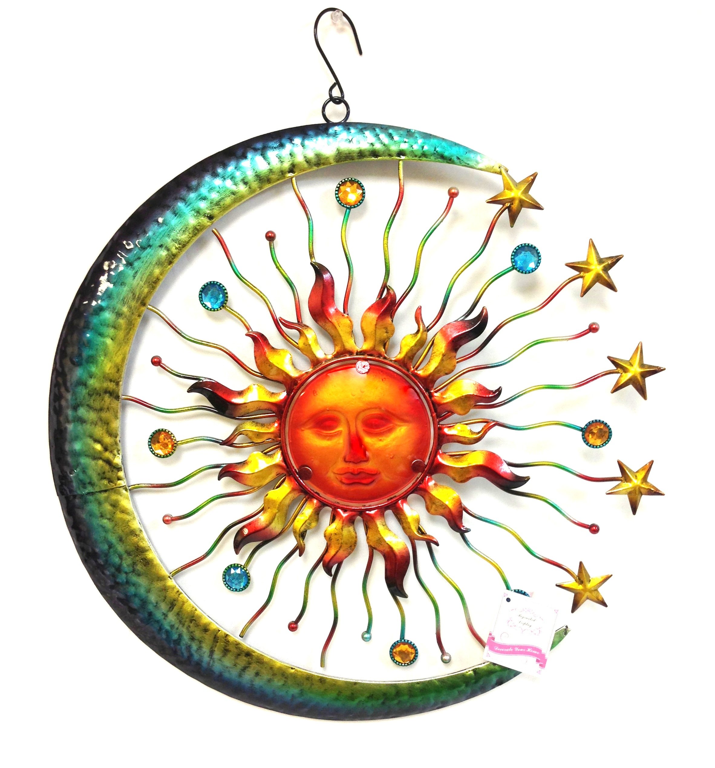 Bejeweled Display Large Sun Face, Star & Moon w/Glass Wall Art Plaque & Home Decor