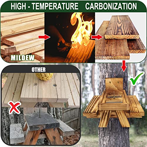 Carbonized Wood Squirrel Feeder, Squirrel Feeders for Outside Durable squrrill Picnic Table with Solid Structure Waterproof Chipmunk Feeder with Corn Cob Holder, Fenced Tabletop for Holding Peanuts