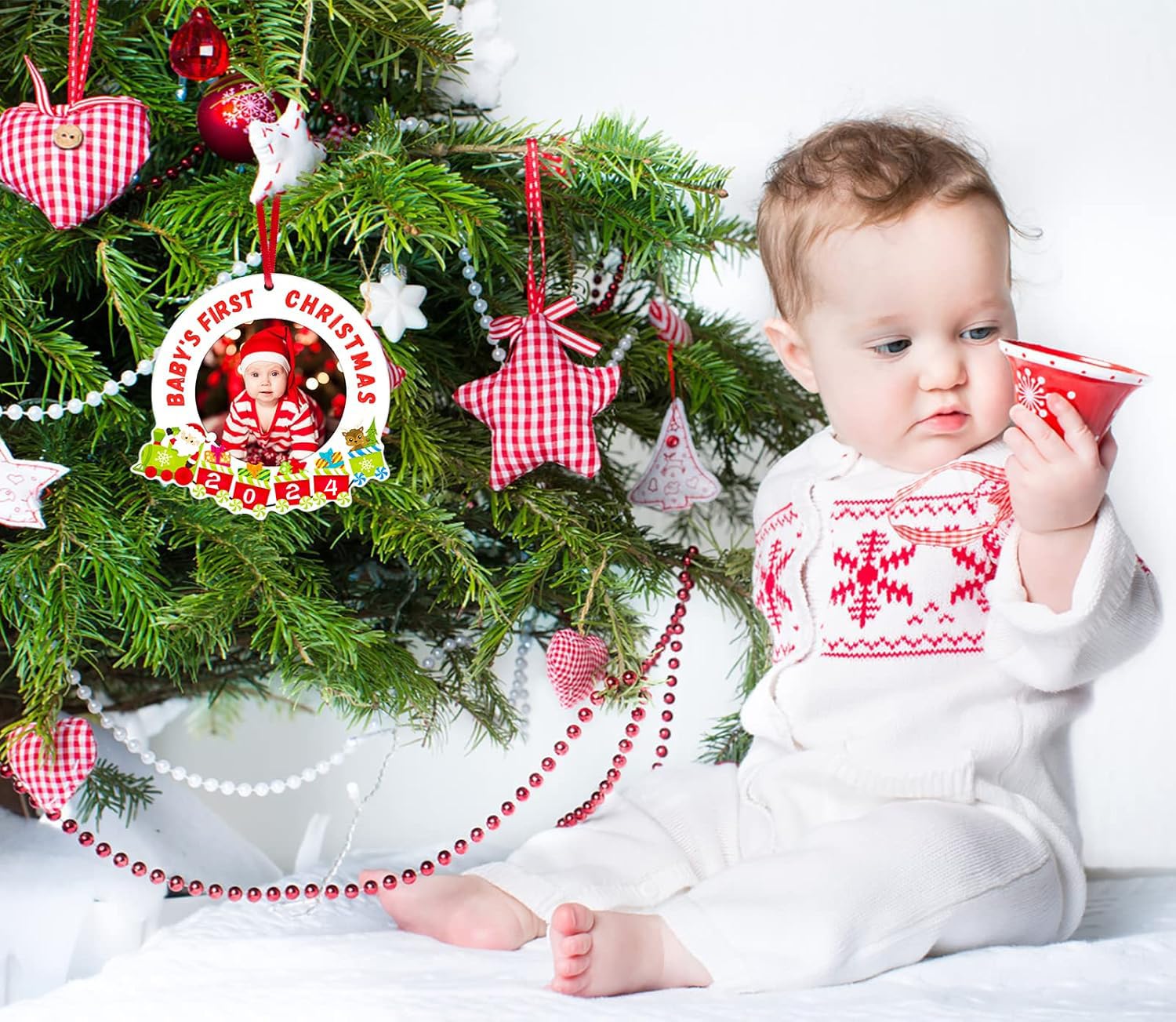 FaCraft Picture Frame Babys First Christmas Ornament 2024,1.77"x1.97" Photo Frame Baby's First Christmas Ornament 1st Train Personalized Baby Ornament Tree Decorations for Baby Boy Girl New Born