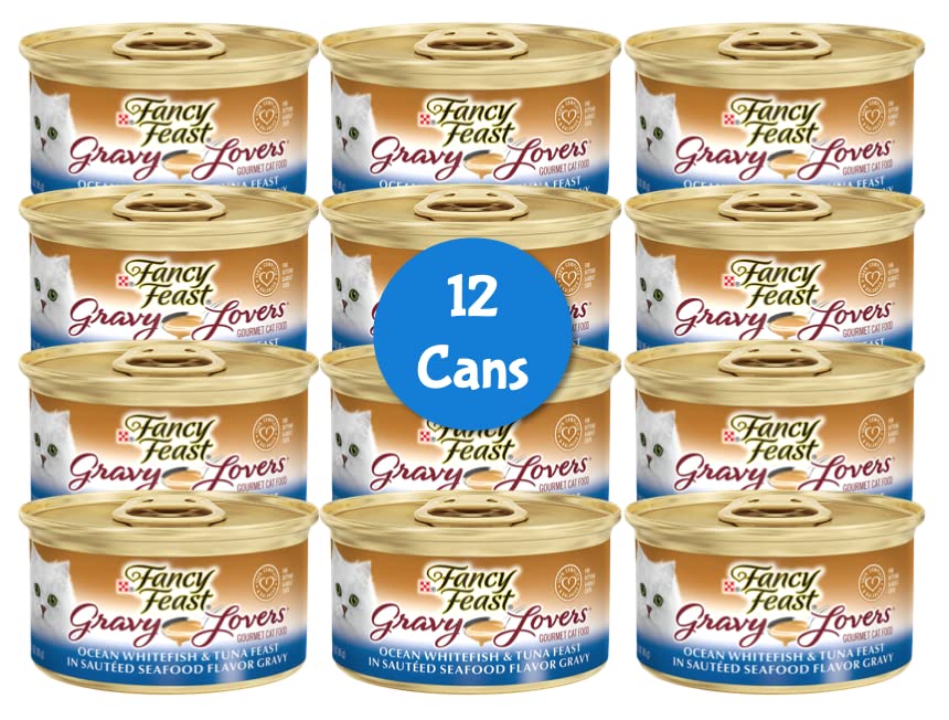 Fancy Feast Gravy Wet Cat Food, Gravy Lovers Ocean Whitefish & Tuna Feast in Seafood Gravy 3 oz (12 Cans) with Healthier Paws Sticker!!