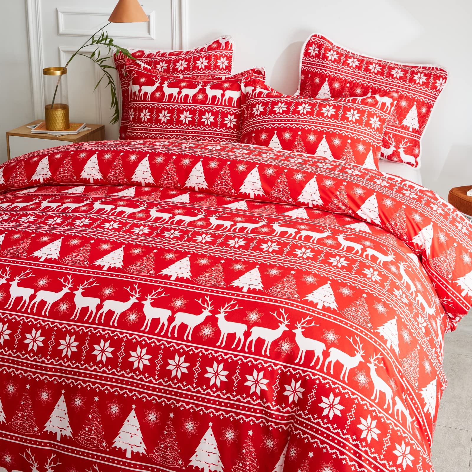 Flysheep Christmas Comforter Set 3 Pieces Twin Size 68x88 inches, Red White Snowflake and Deers Trees Reversible Design, Soft Microfiber Lightweight Bedding Sets for Kids