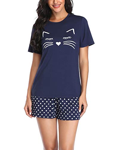 EISHOPEER Women's Pajama Set Cat Print Tops and Polka Dot Pants Shorts Pjs Sets Navy Blue M