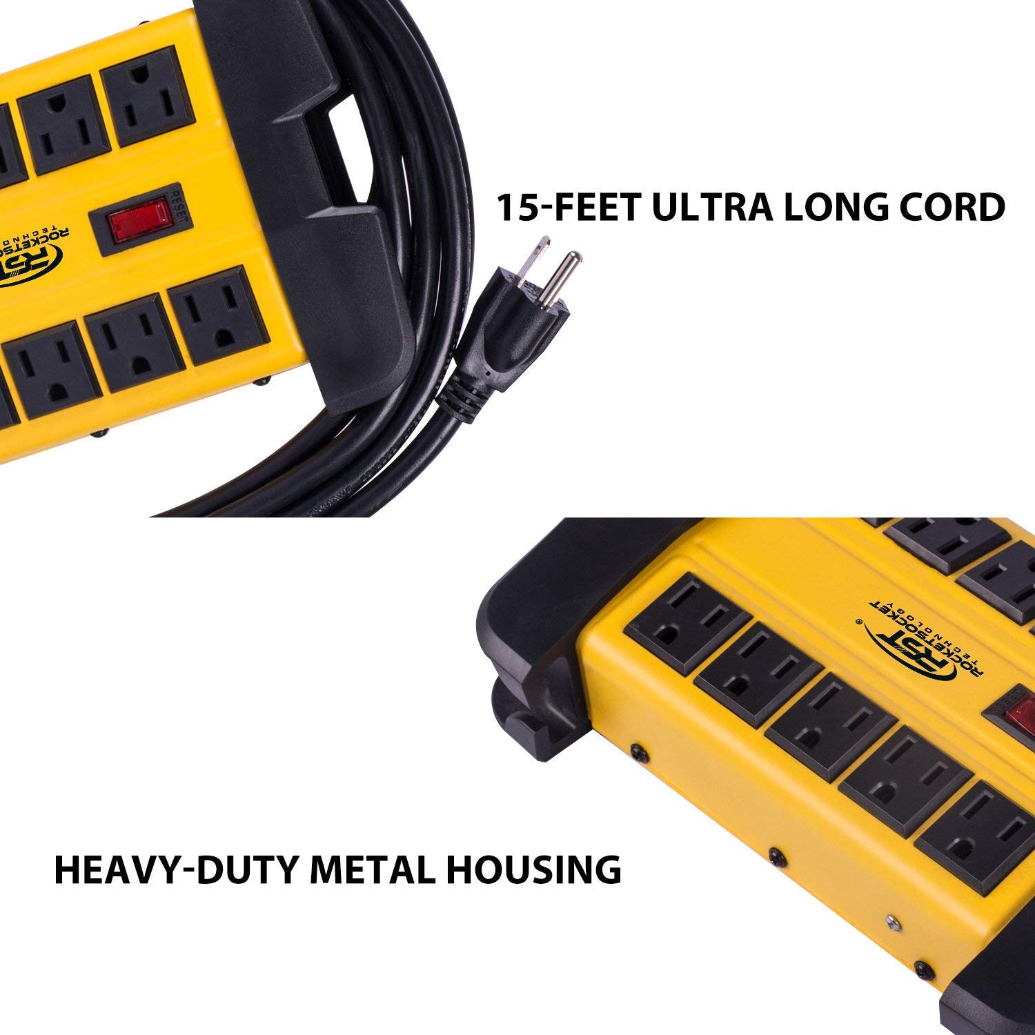 CRST 10-Outlet Heavy Duty Power Strip Surge Protector with 2800 Joules for Garden, Workshop, School, Shop 14AWG 15FT+6FT