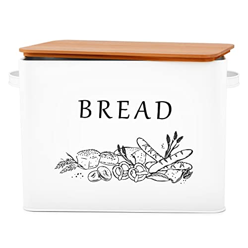E-far Bread Box for Kitchen Countertop, Metal Bread Storage Container Bin with Bamboo Lid for Cutting Bread, Extra Large & Farmhouse Style, 13β x 7.2β x9.8β, White