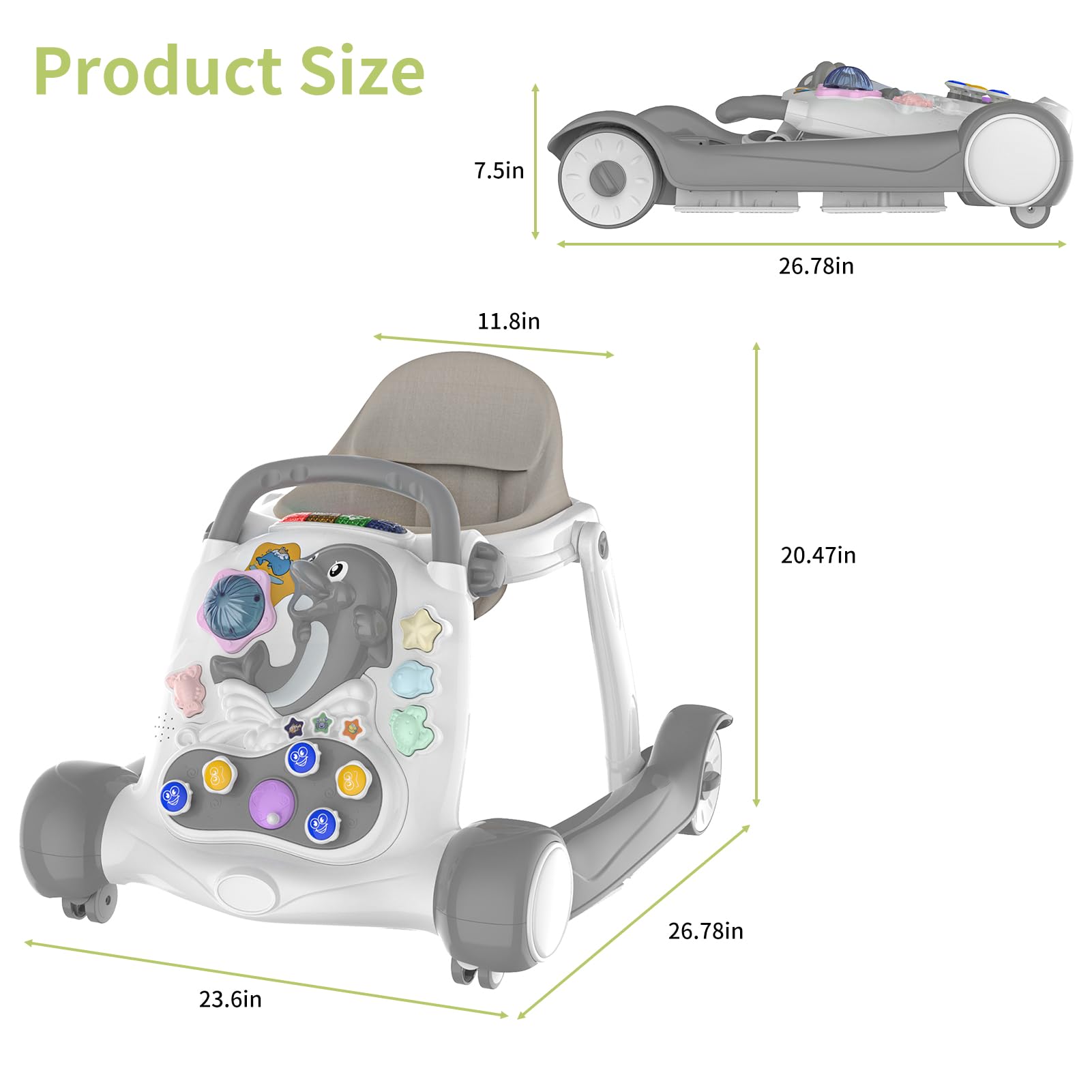 Baby Walker with Wheels, 2-in-1 Activity Walker Learning-Seated, Walk-Behind, Rich music game panel, Adjustable Height & Speed, Foldable Baby Walker for Boys and Girls from 6-18 Months with Footrest