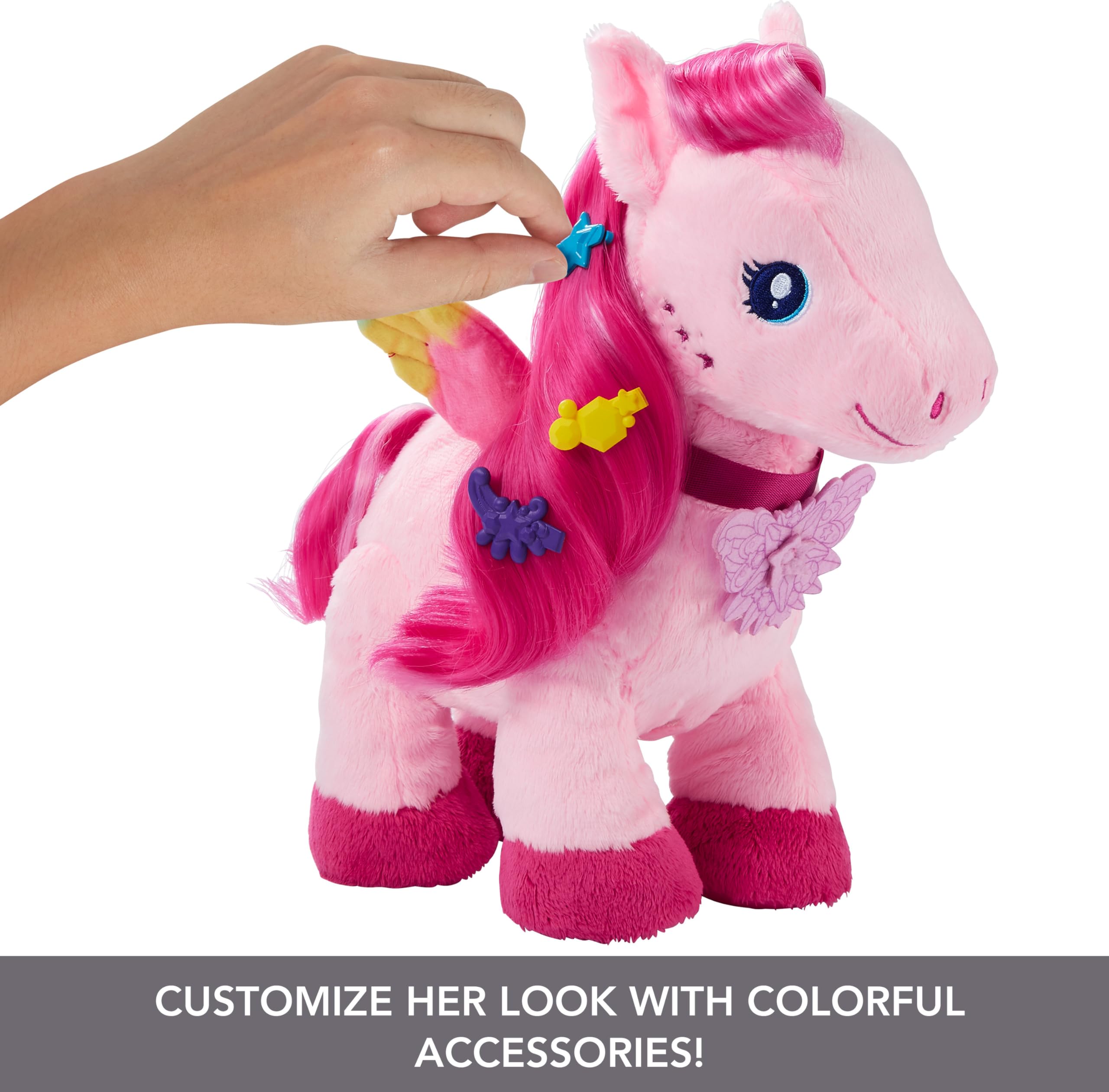 Barbie A Touch of Magic Stuffed Animals, Walk & Flutter Pegasus Plush, 11-Inch Walking Plushie with Hair Accessories and Sound Feature