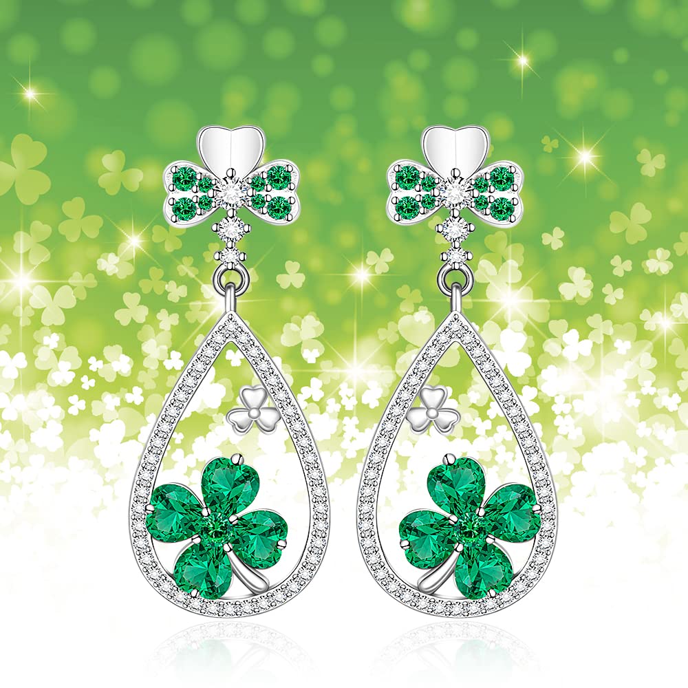 St Patricks Day Shamrock Earrings for Women Sterling Silver Studs Hypoallergenic Four Leaf Clover Green CZ Drop Dangle Earrings Jewelry Gifts