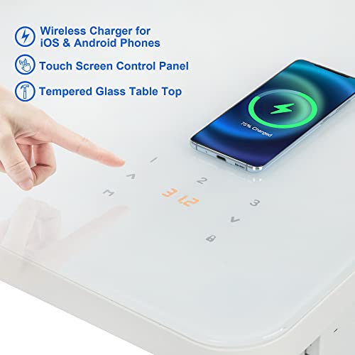 FARRAY Glass Standing Desk with Wireless Charging, 45 x 23 Inch Dual Motor Electric Height Adjustable Desk with Drawer, Touch Control Panel, Power Strip & USB Ports, White Sit Stand Desk