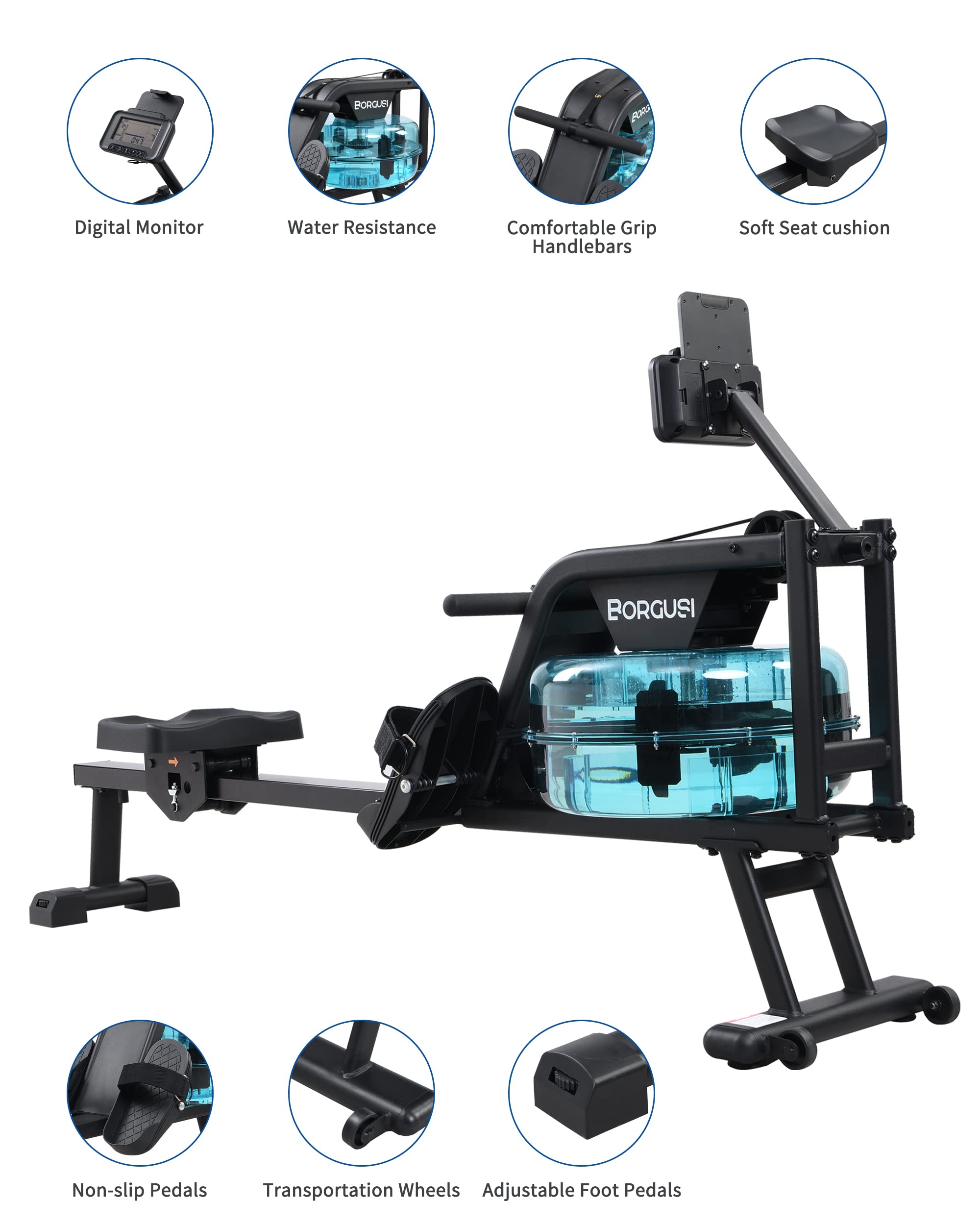 BORGUSI Water Rowing Machine Indoor Exercise Rower with LCD Monitor, Tablet Holder and Comfortable Seat Cushion, Max 350 lbs Weight Capacity for Home Use