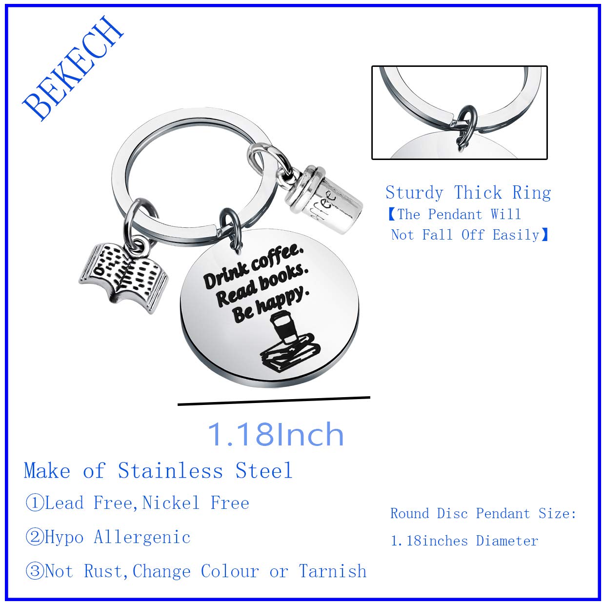 BEKECH Book Lovers Gift Coffee Lovers Gift Drink Coffee Read Books Be Happy Keychain Gift for Reading Lovers Bookworms Reader Book Club Gift Librarian Gift (silver)