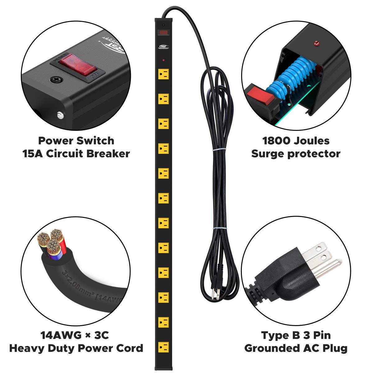 CRST Heavy Duty Surge Protector Power Strip Wide Spaced 12-Outlet 15 Feet Long Extension Cord with Mounting Brackets 15A Circuit Breaker 1800 Joulesā¦