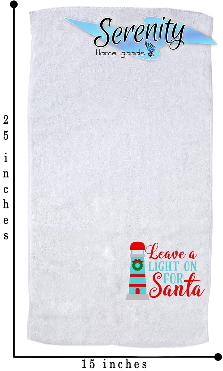Christmas Decor | Decorative Kitchen and Bath Hand Towels | Leave A Light On Lighthouse Santa Beach | XMAS Winter Novelty | White Towel Home Holiday Decorations | Gift Present