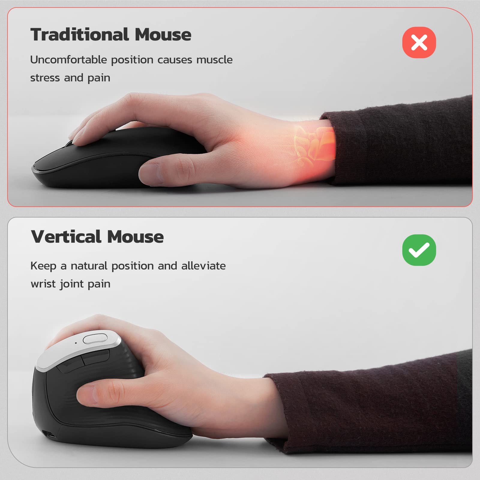 Wireless Vertical Mouse, Advanced Ergonomic Mouse Reduces Muscle Strain, 2400 DPI, USB C Rechargeable, 3 Device Connection (Bluetooth or USB), Compatible for PC, Laptop, iPad, Mac, Windows, Grey