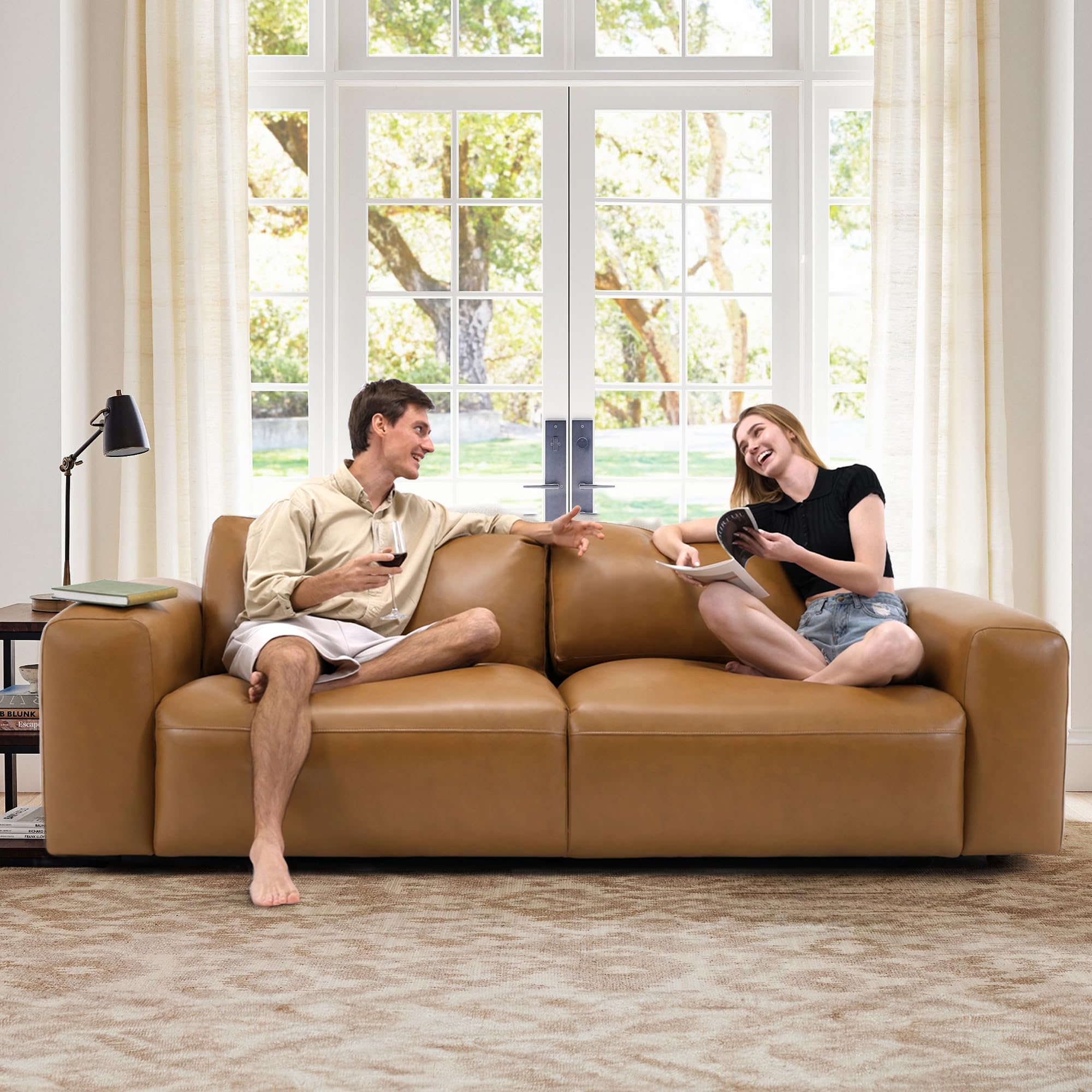 COLAMY PU Leather Sofa Couch, 95" Oversized Sofa Loveseat for Living Room, Comfy Love Seat Couch with Extra Deep Seats, Wide Arm, Down Filled 3-Seater Modern Sofa for Apartment/Lounge/Bedroom-Auburn