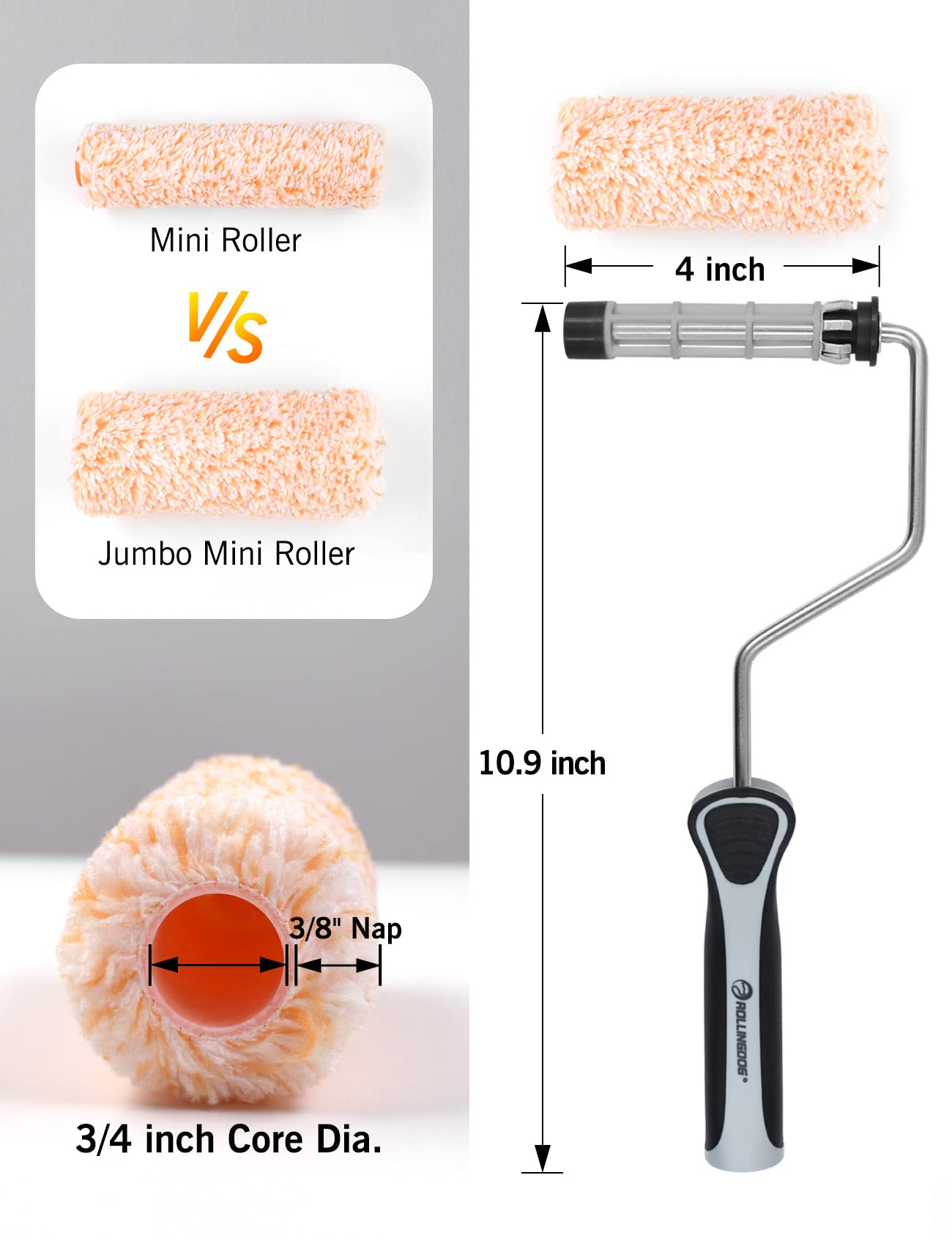 ROLLINGDOG Mini Roller - 4 Inch Jumbo Microfiber Small Paint Roller Covers 3/8” Nap