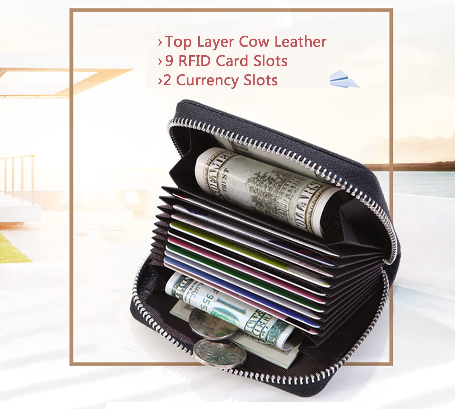 ZHSH Small Rfid Blocking Full-grain Leather Wallet, Zipper Credit Card Holders, ID Case Organizer Purse (Black/Embossed crocodile)