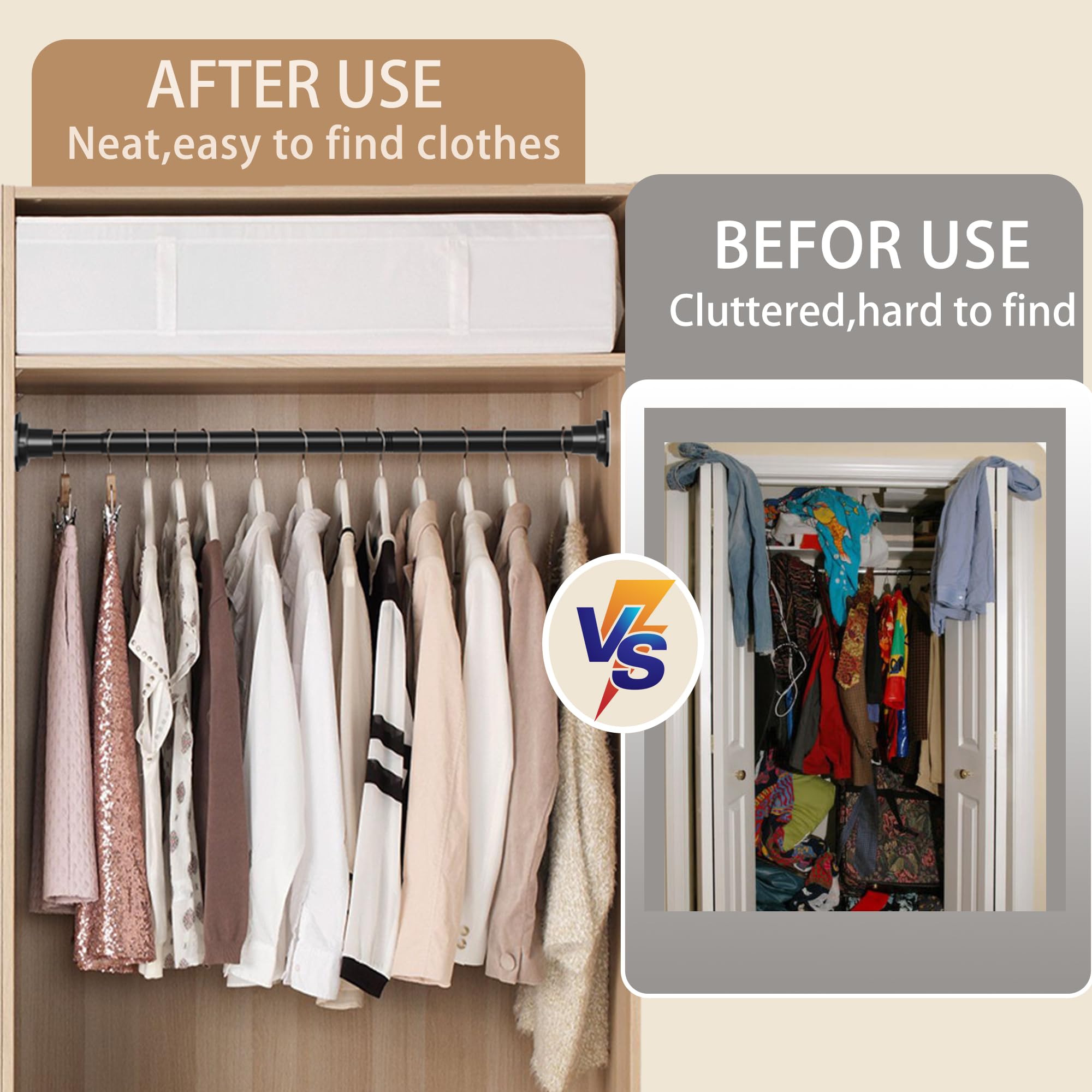 Closet Rod 30-52 Inches,No Drilling Adjustable Closet Rods for Hanging Clothes,Space Saving Tension Spring Pole Closet Bar for Wardrobes(With Holder)